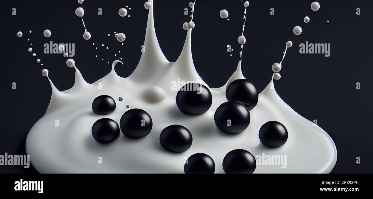 Bubble milk tea with tapioca balls splashing against black background ...