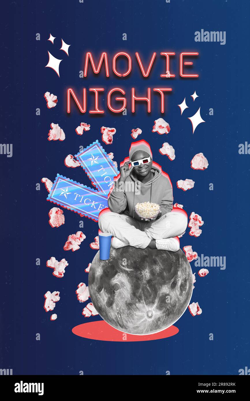 Vertical collage of black white effect girl sit huge full moon eat ...