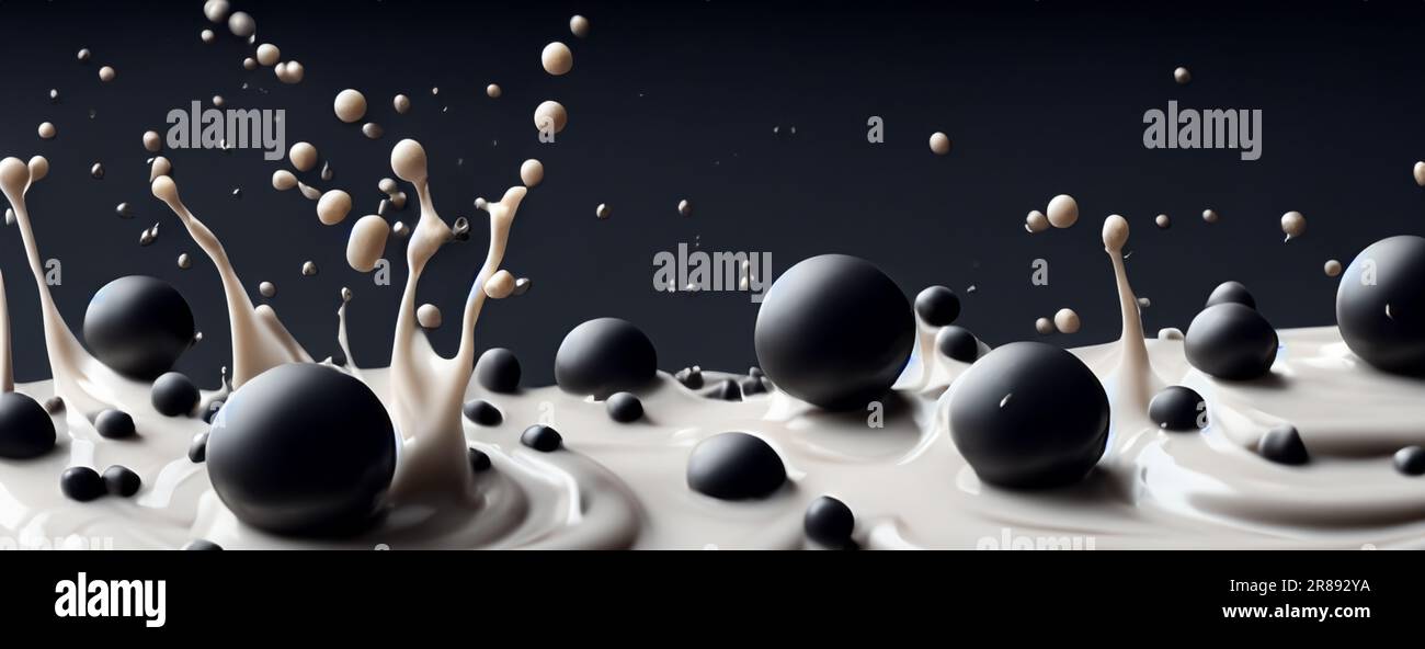 Bubble milk tea with tapioca balls splashing against black background ...