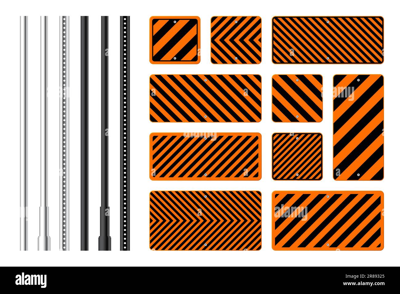 Warning, danger signs, attention banners with metal poles. Orange ...