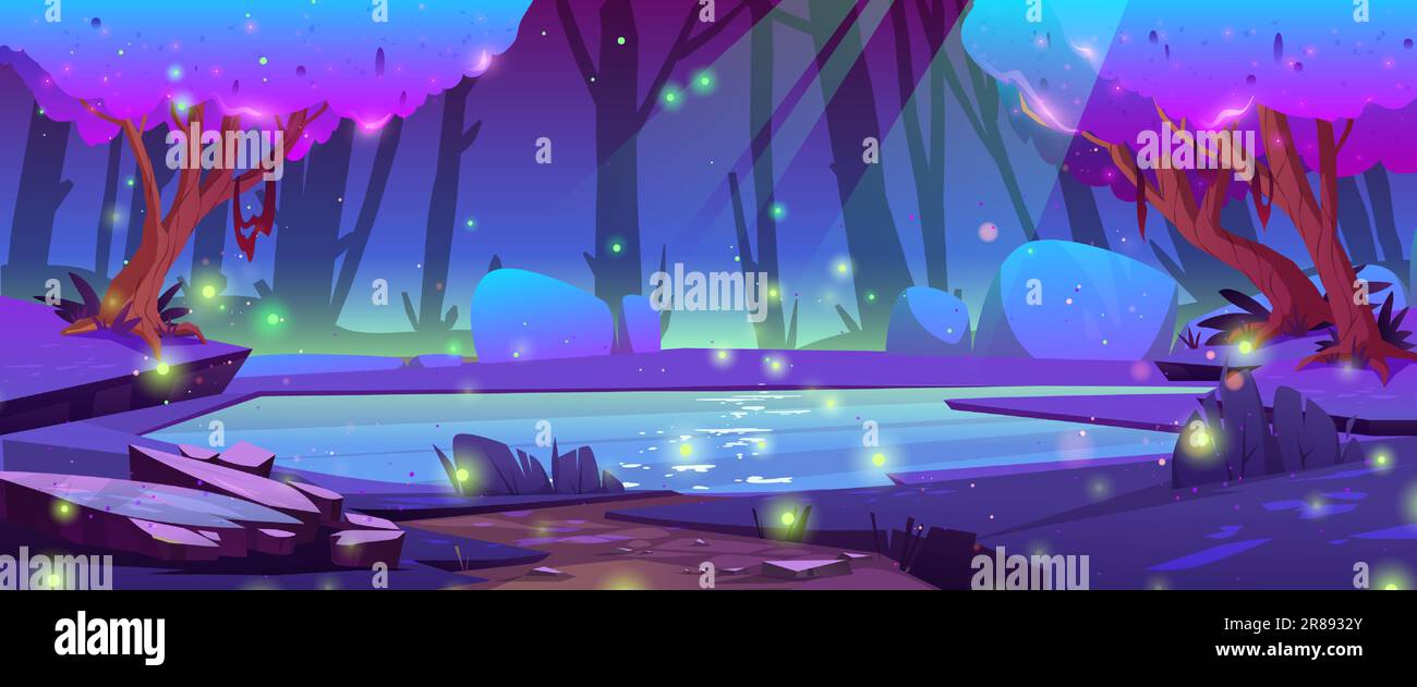 Night magic forest woods with mystic swamp cartoon vector landscape ...