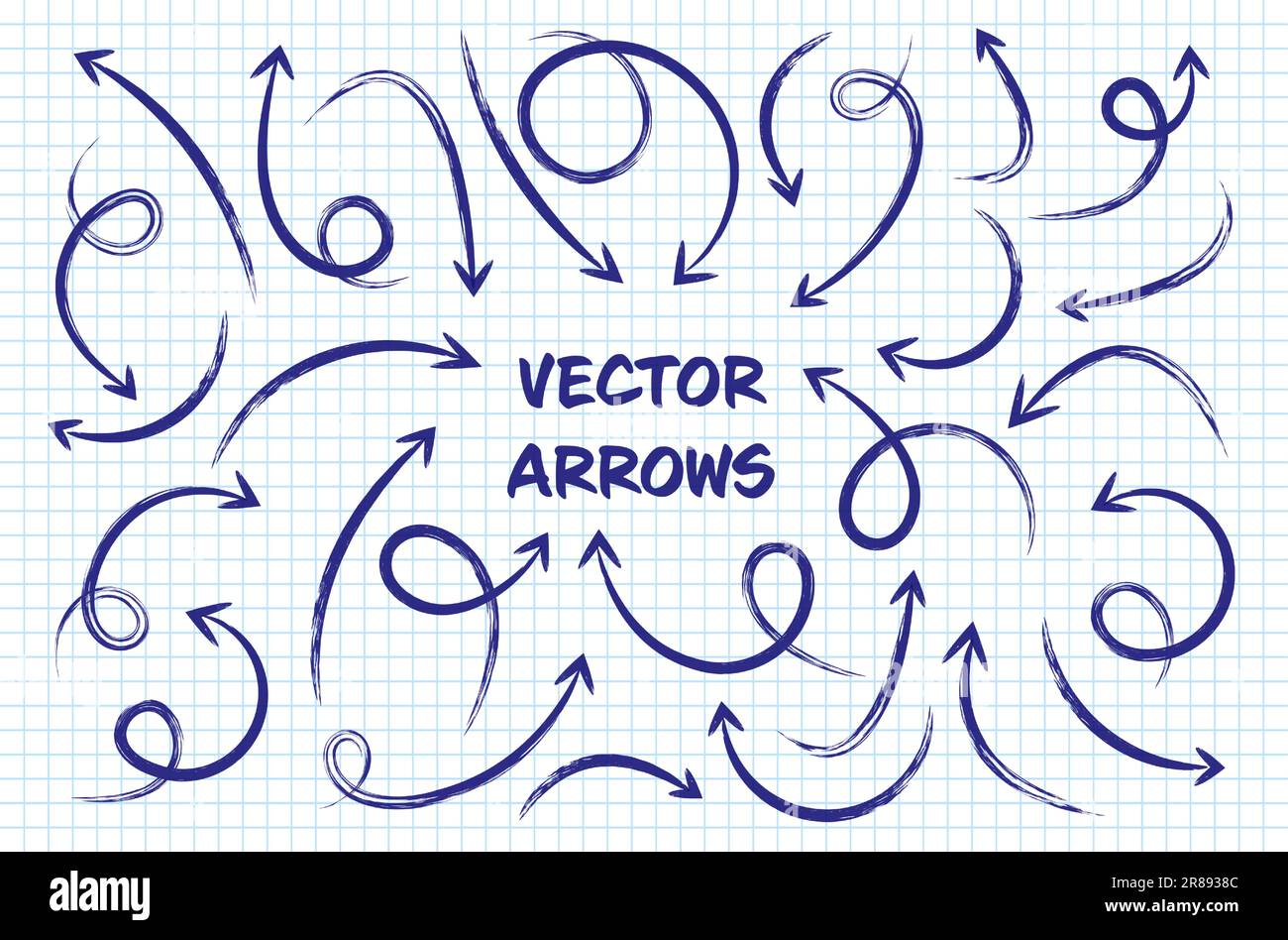 Grunge hand drawn arrows on checkered paper sheet. School notebook for ...
