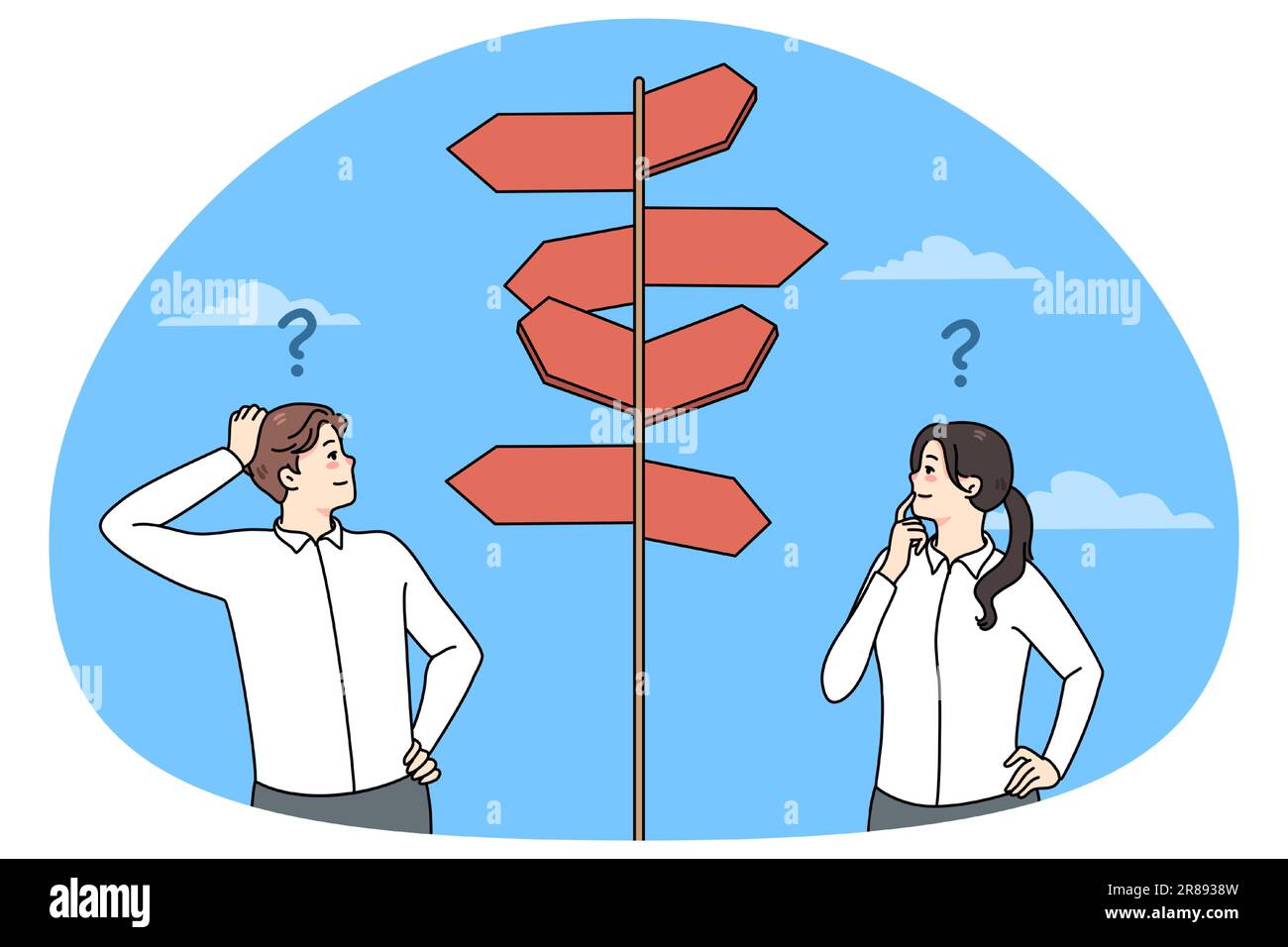 Confused employees standing near direction sign frustrated making ...