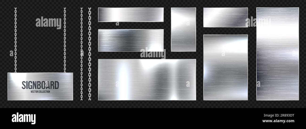 Metal banners hanging on a chain. Realistic shiny steel plate with ...