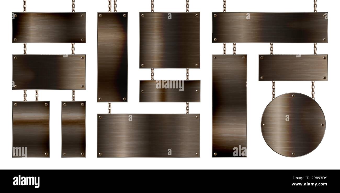 Metal banners hanging on a chain. Realistic shiny steel plate with ...