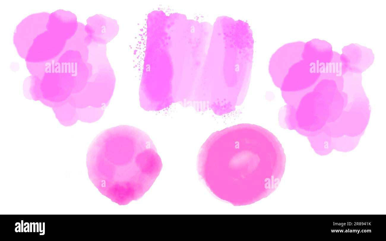 A set of watercolor colored spots. Pink water spots on a white ...
