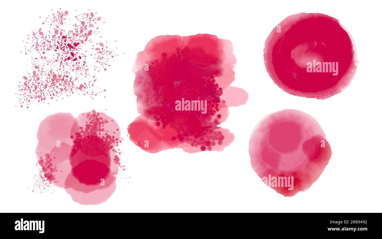 A set of watercolor colored spots. Red Viva Magenta water spots on a ...