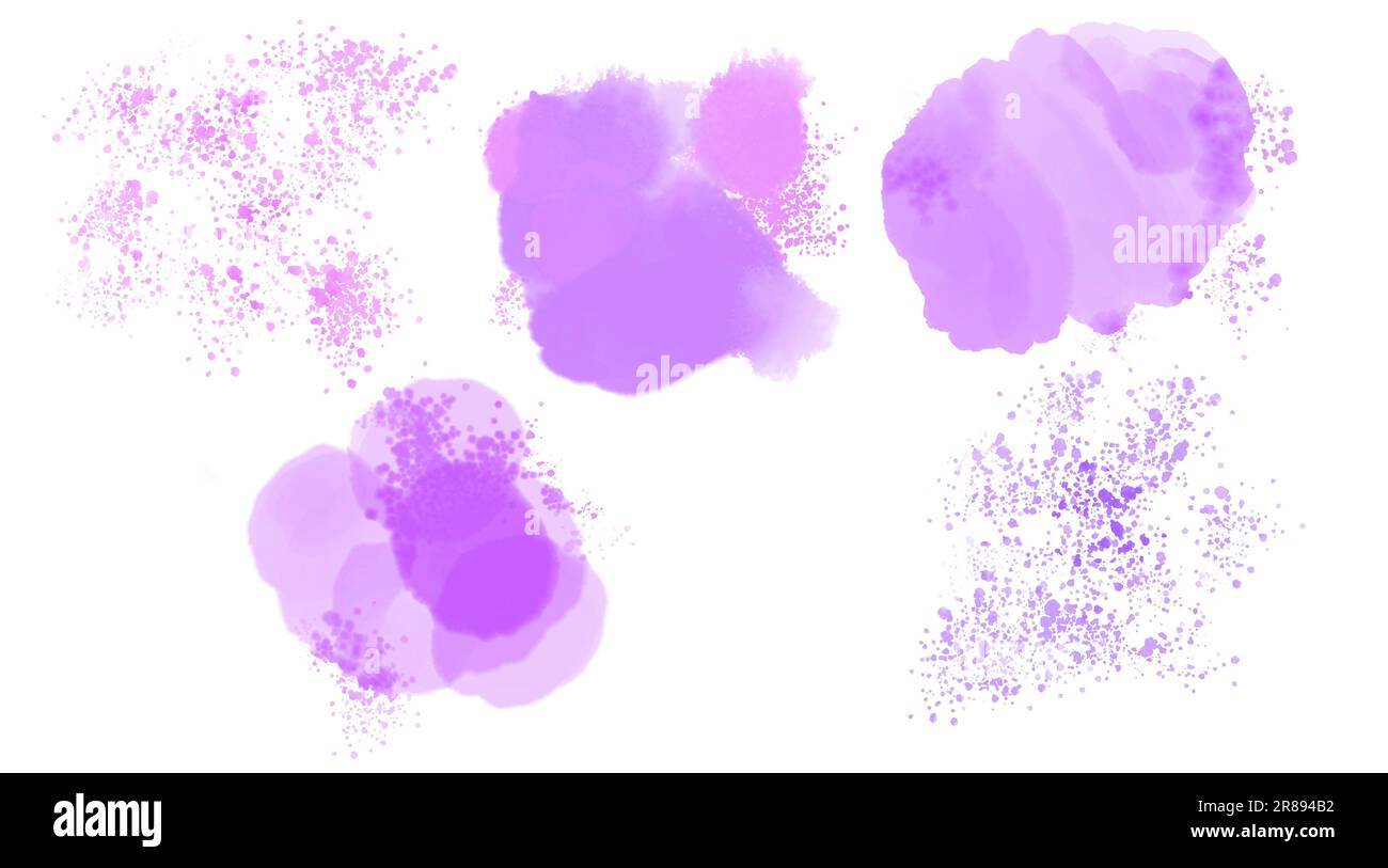 A set of watercolor colored spots. Purple water spots on a white ...