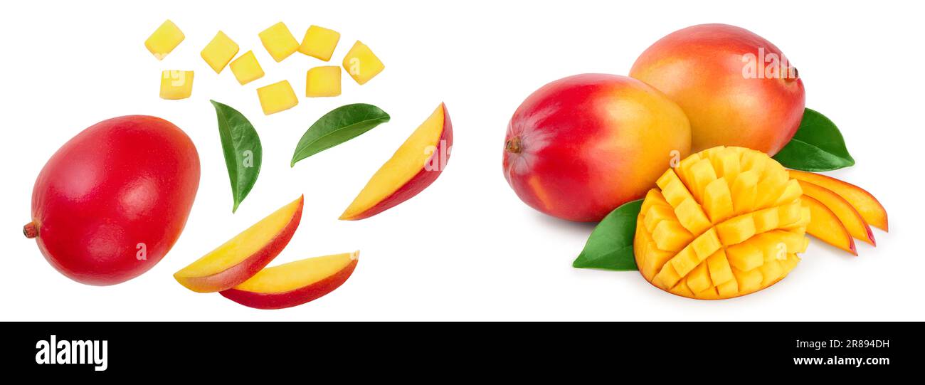 Mango fruit half with slices isolated on white background. Set or ...