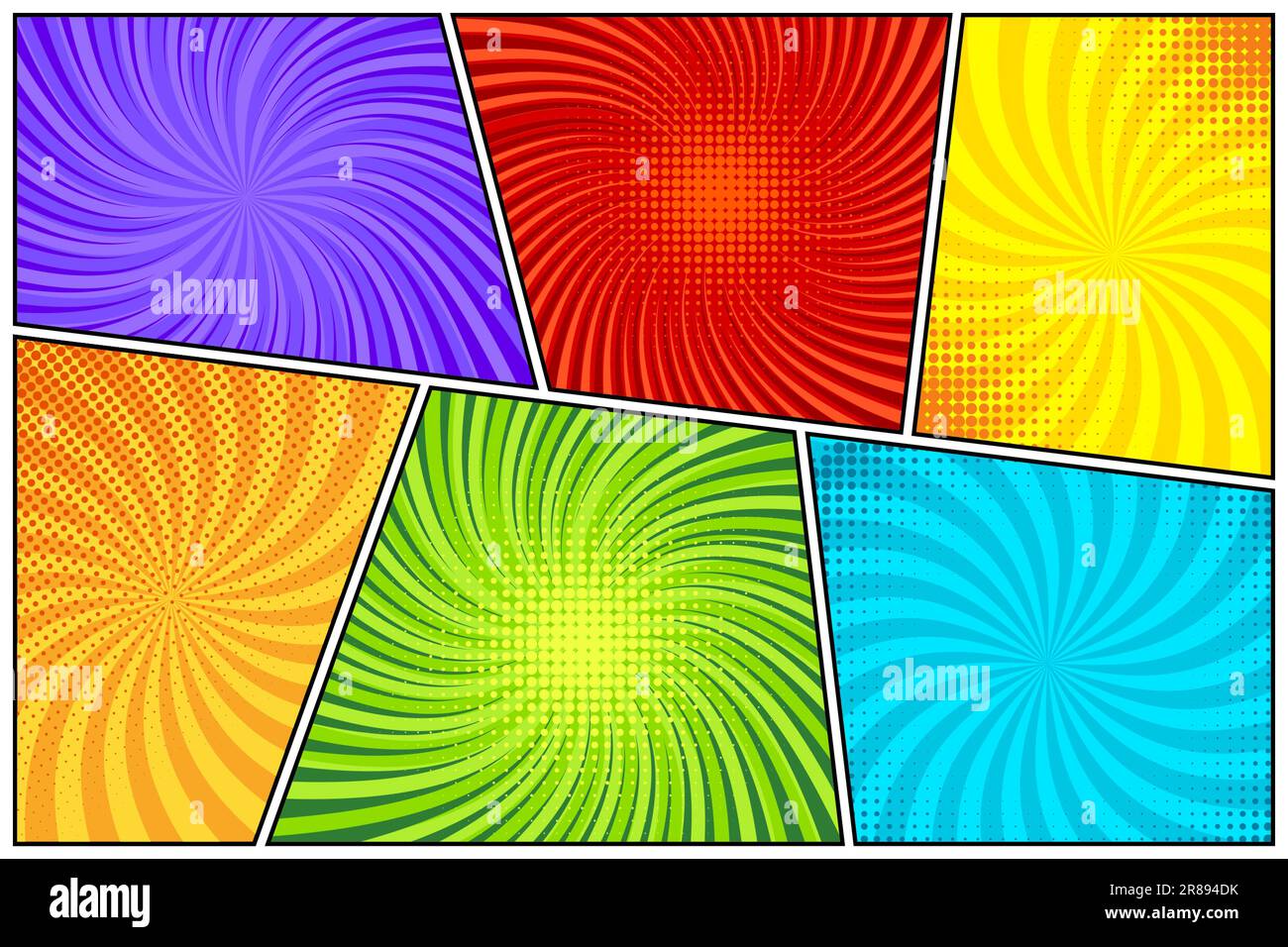 Colorful twisted comic book radial rays, lines. Comics background with ...