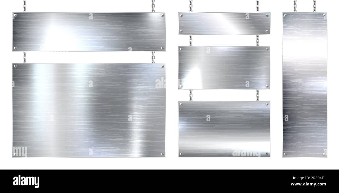 Metal banners hanging on a chain. Realistic shiny steel plate with ...