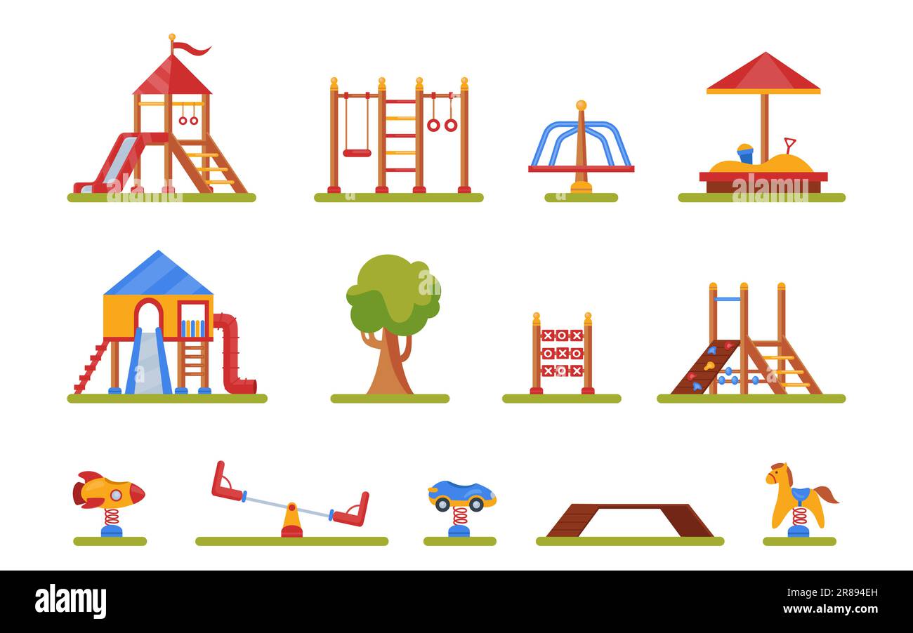 Different equipment for kids playground vector illustrations set Stock ...