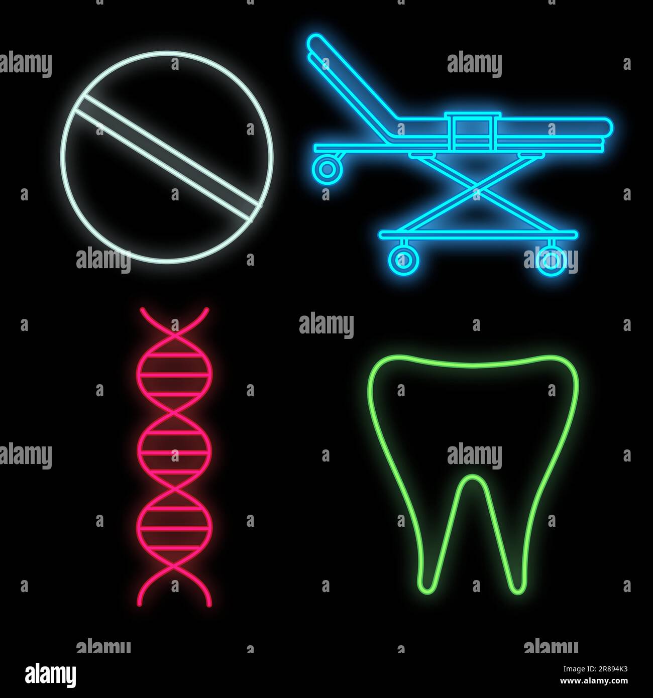 Set of bright luminous multi-colored medical neon signs for a pharmacy ...