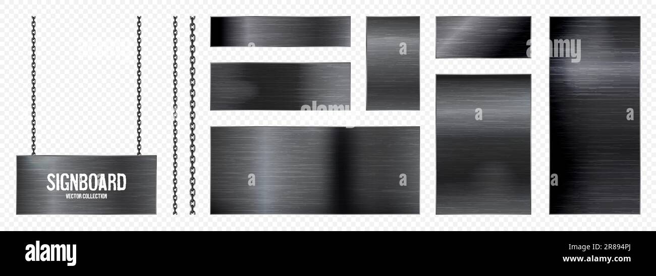 Metal banners hanging on a chain. Realistic shiny steel plate with ...