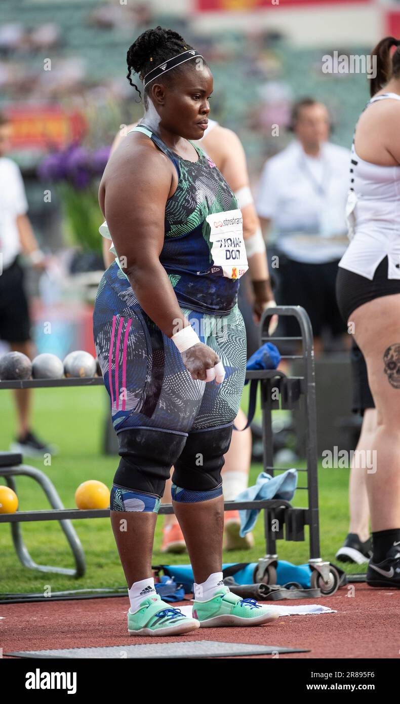Danniel Thomas-Dodd of Jamaica competing in the women’s shot put at the ...