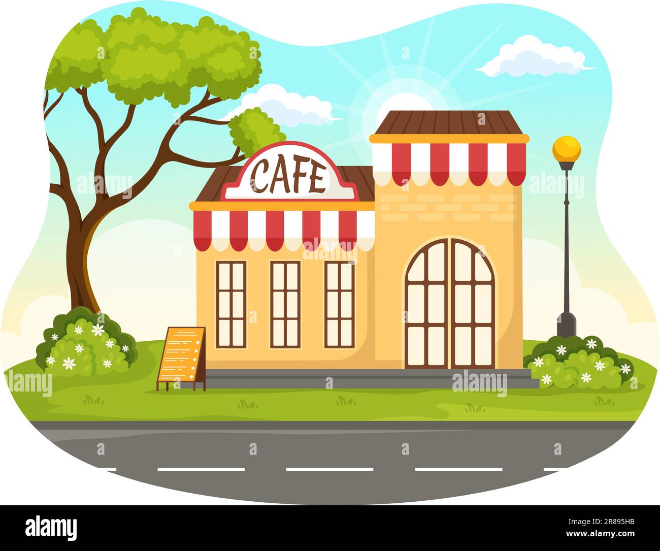 Cafe Vector Illustration of Interior with Bar stand, Table and ...