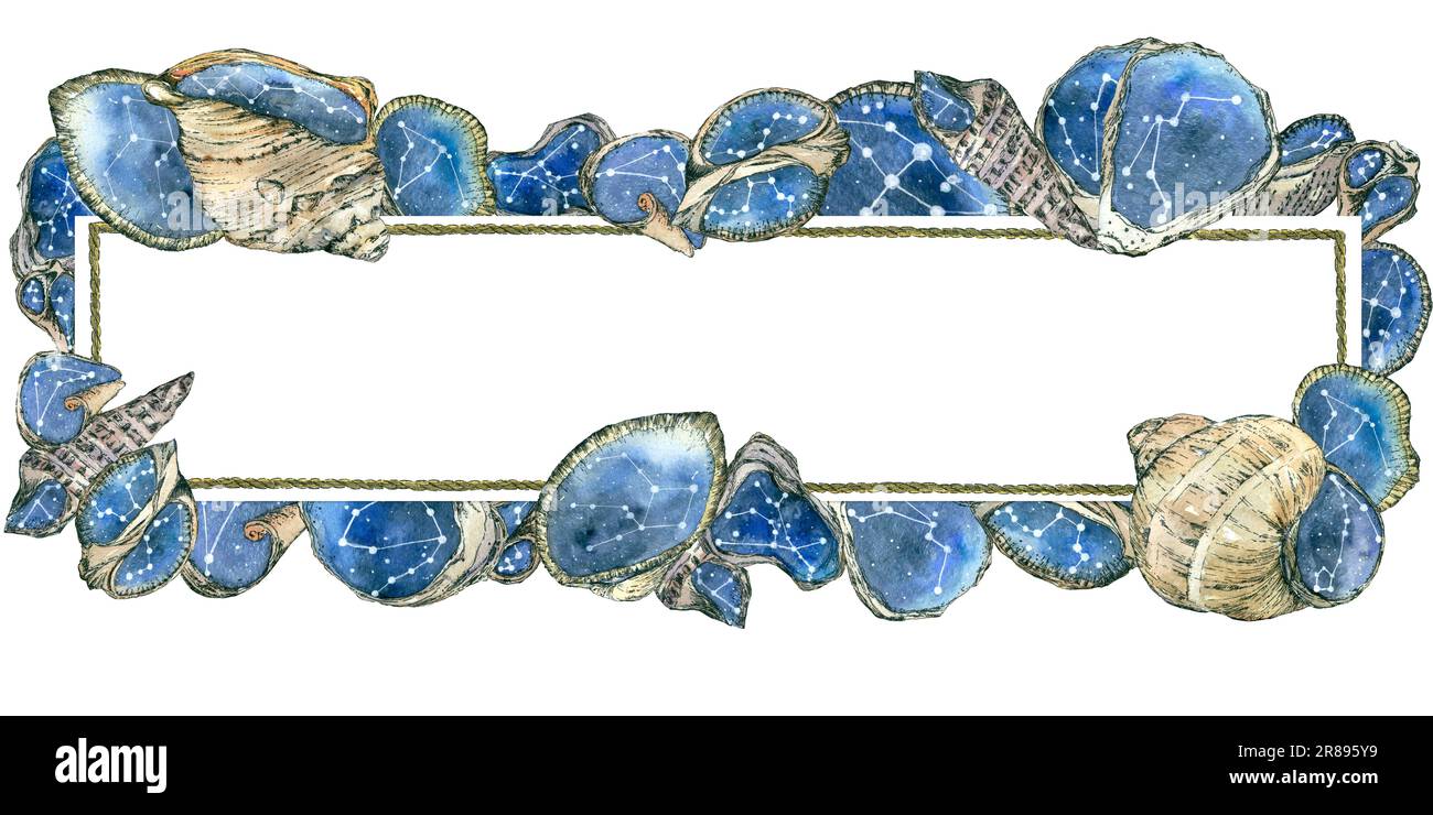 The rectangular frame is decorated with seashells of various shapes and ...