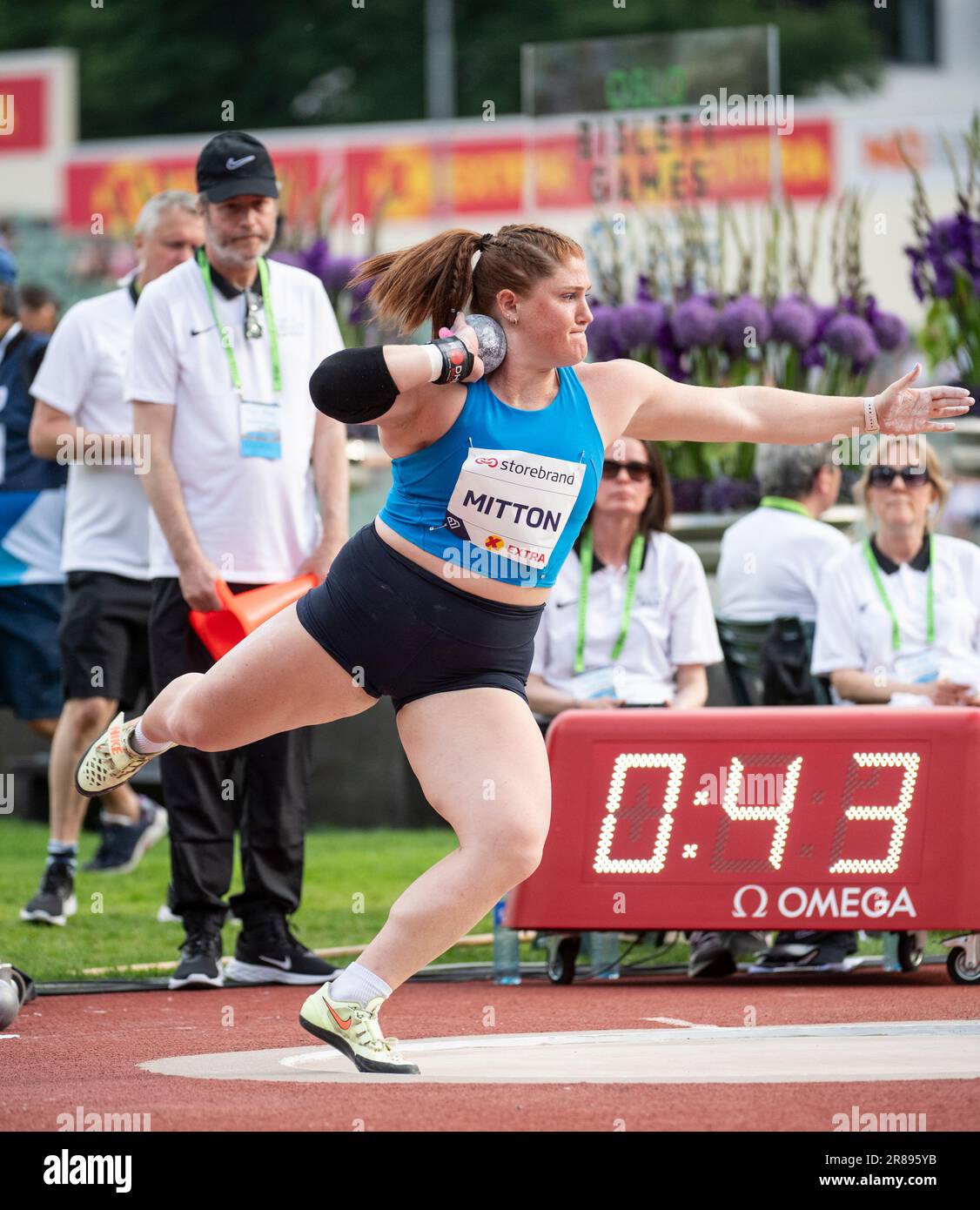 Sarah Mitton of Canada competing in the women’s shot put at the Oslo ...