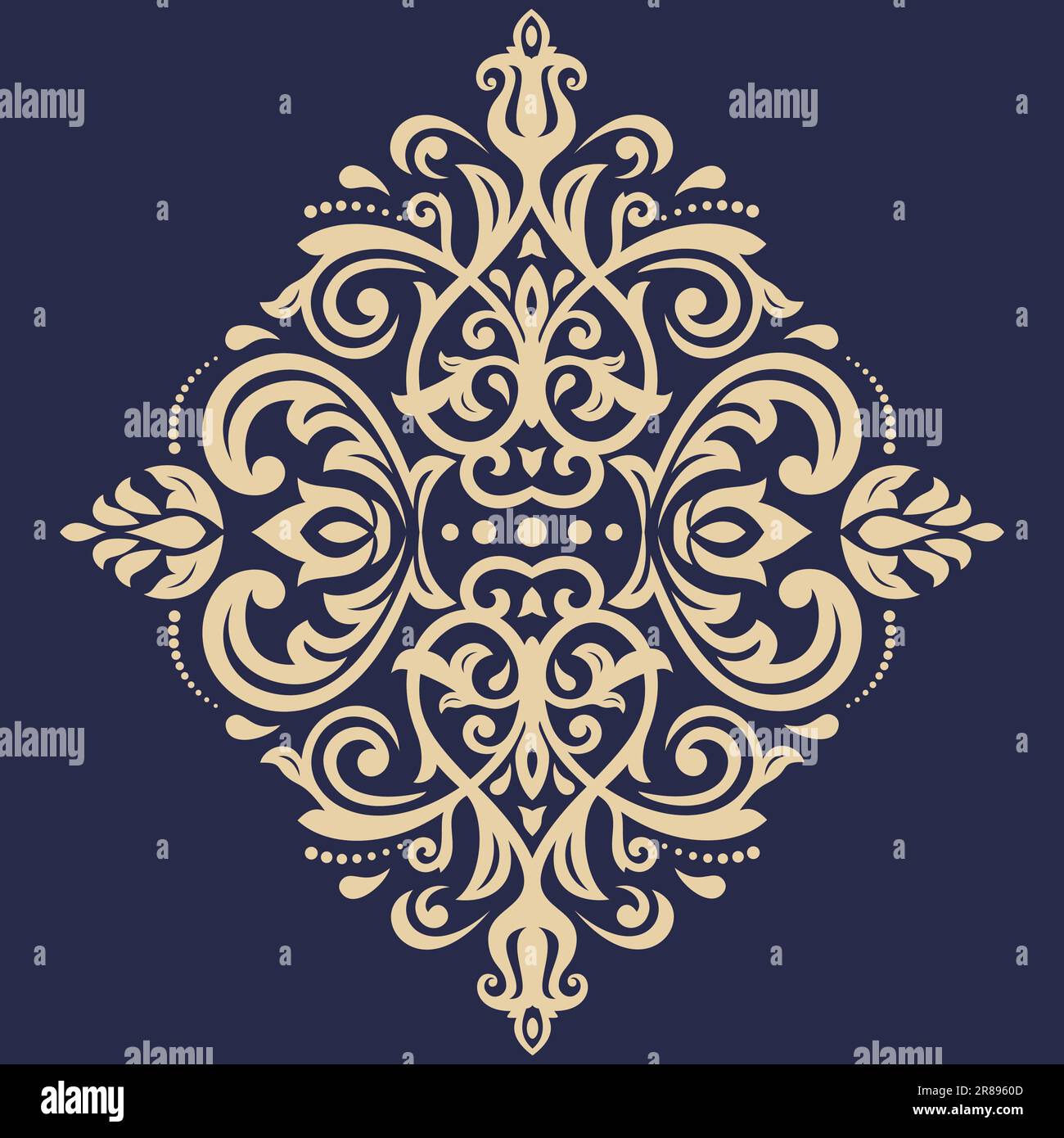 Oriental vector ornament with arabesques and floral elements. Traditional blue and golden ...