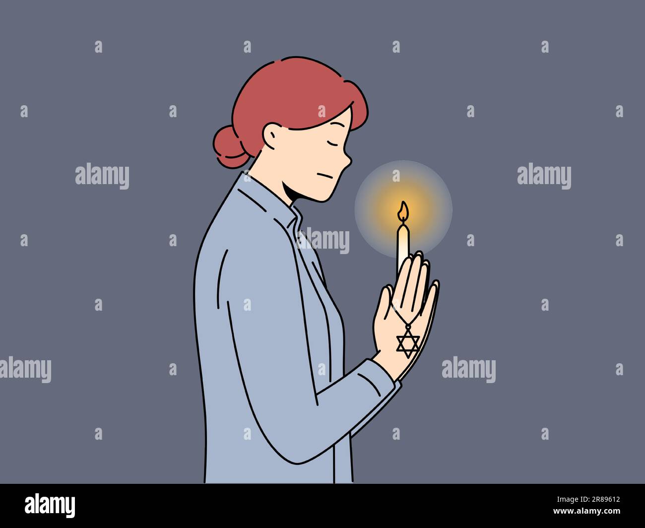 Praying jewish woman with star of david and burning candle in hand for ...