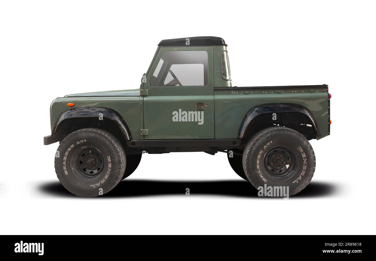 Land Rover classic SUV car, side view isolated on white background ...