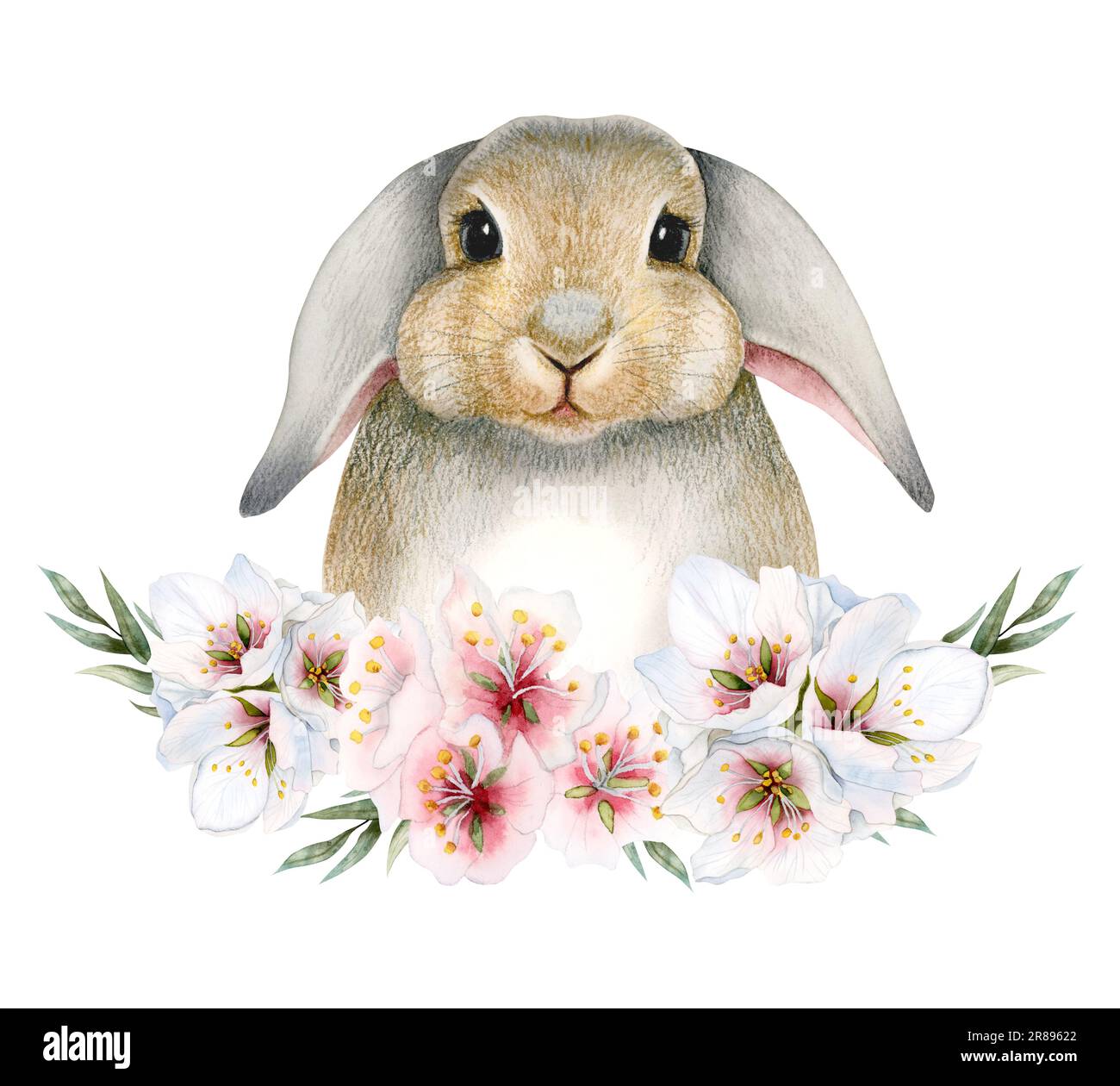 Watercolor Easter rabbit with spring pink white flowers and leaves ...
