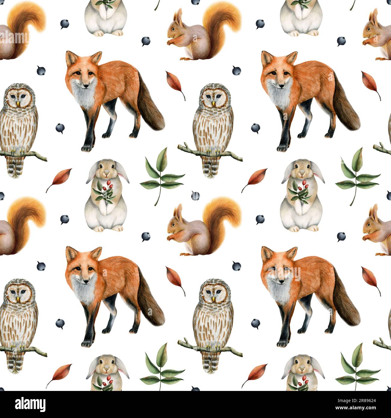 Forest woodland animals watercolor seamless pattern with cute red fox ...
