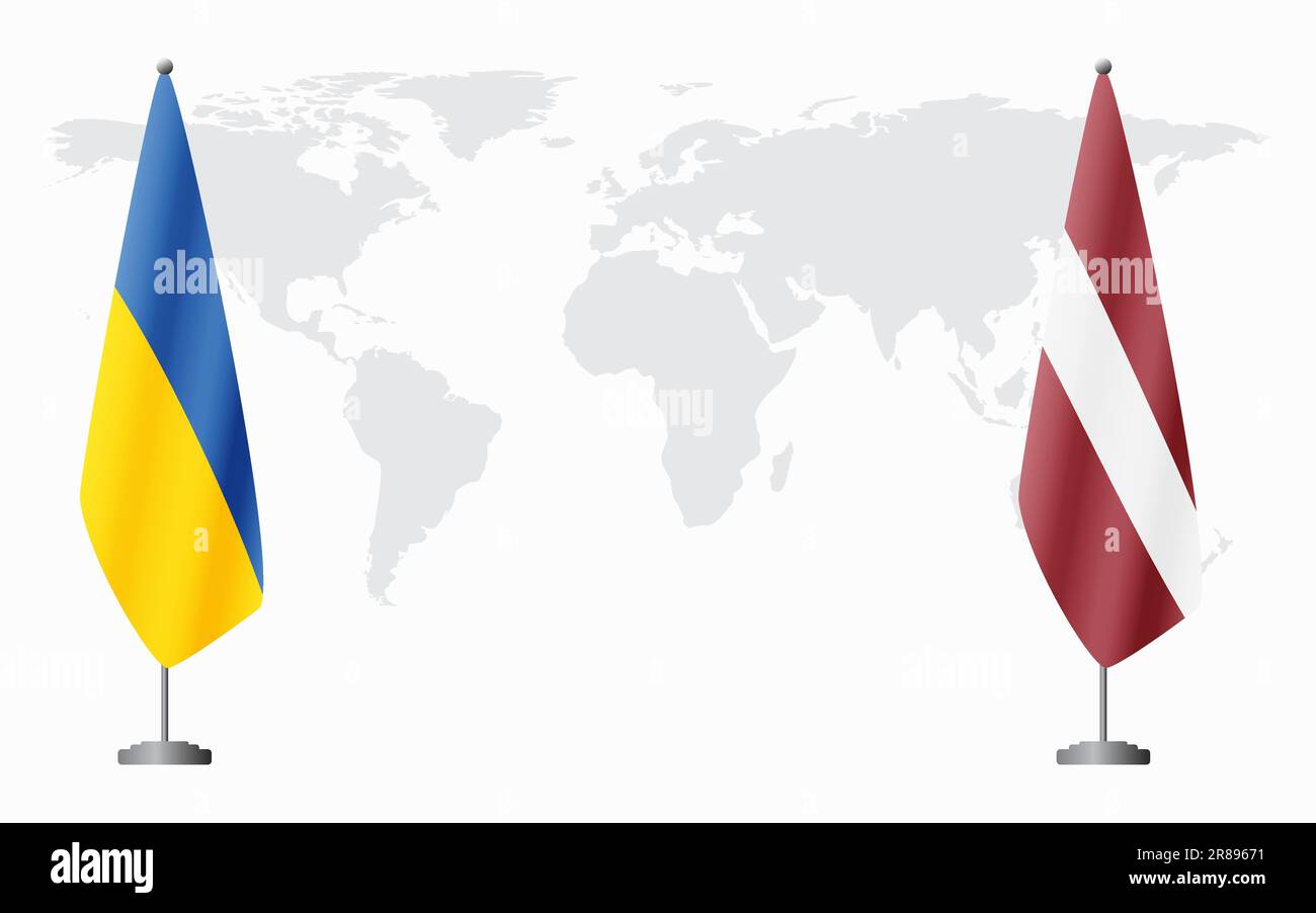 Ukraine and Latvia flags for official meeting against background of ...
