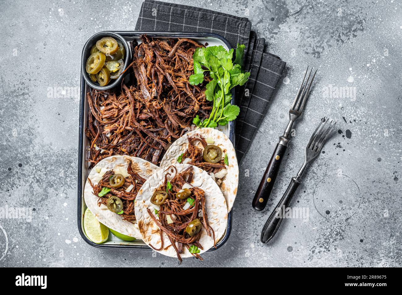 Cooking of Mexican lamb Barbacoa Tacos with Cilantro and Onion. Gray ...