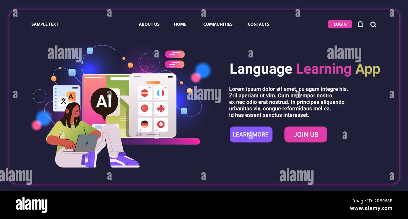 woman learning foreign language in computer app with ai helper bot ...
