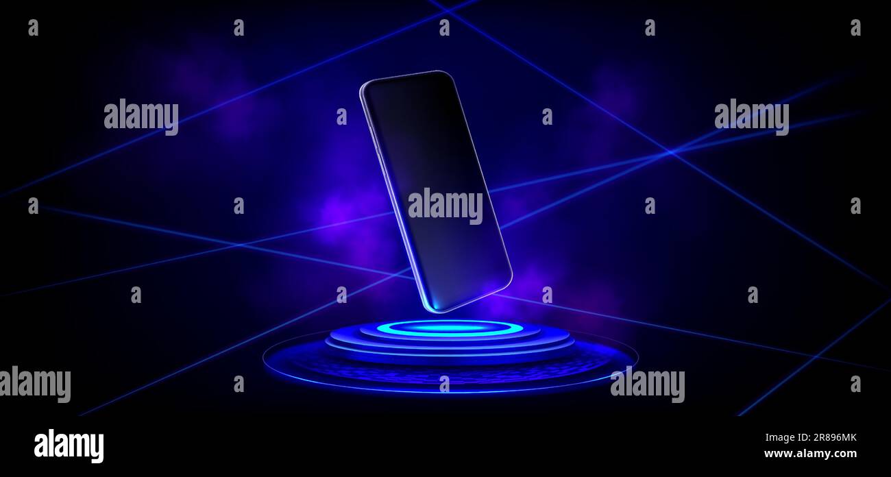 3d neon light futuristic podium for mobile phone. Laser effect ...