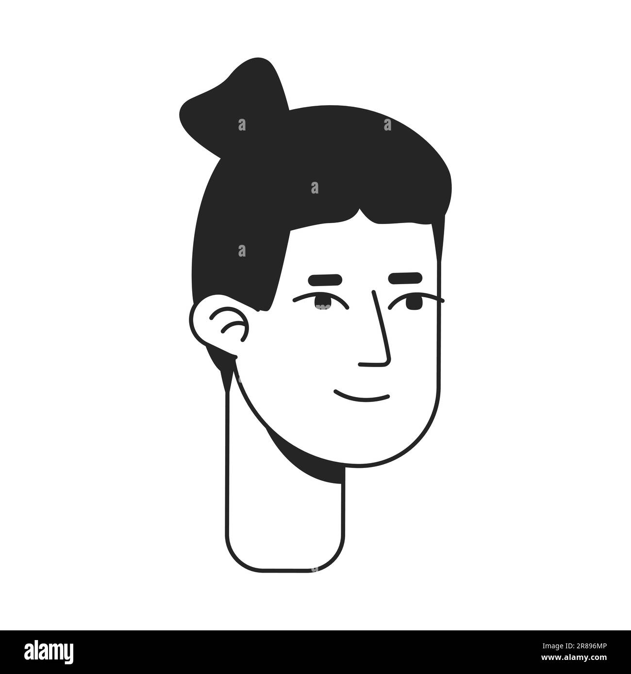 Smiling Asian Man With Bun Monochrome Flat Linear Character Head Stock