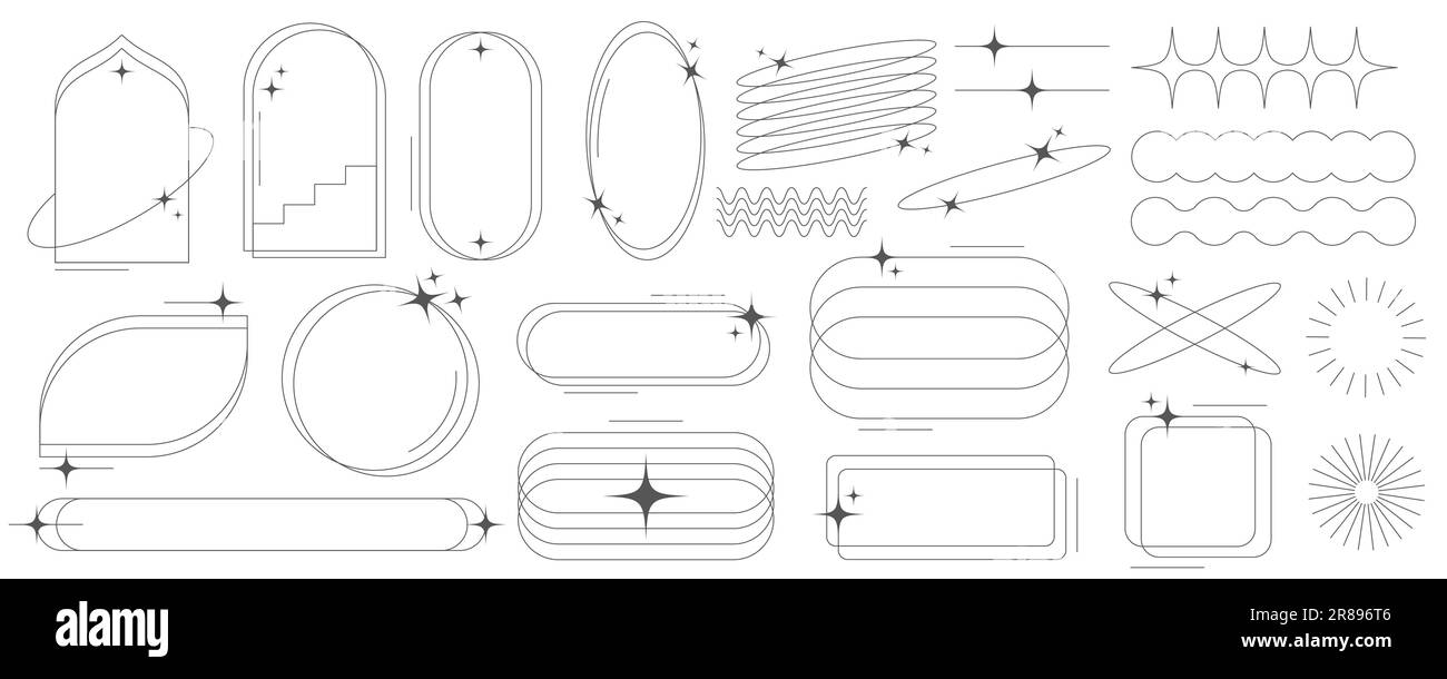 Aesthetic frames and shapes with stars. Minimal y2k outline graphic design with sparkles ...