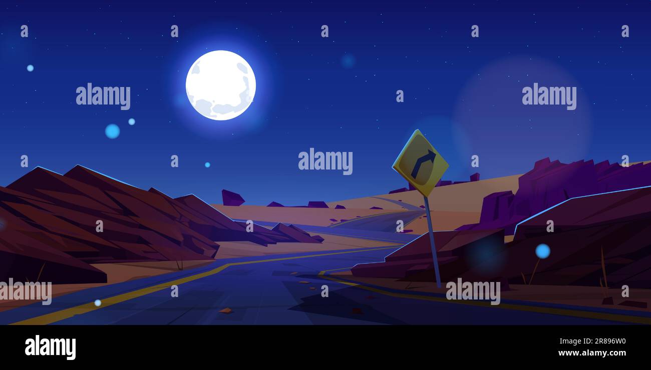 Curve desert road night landscape vector background with turn sign ...