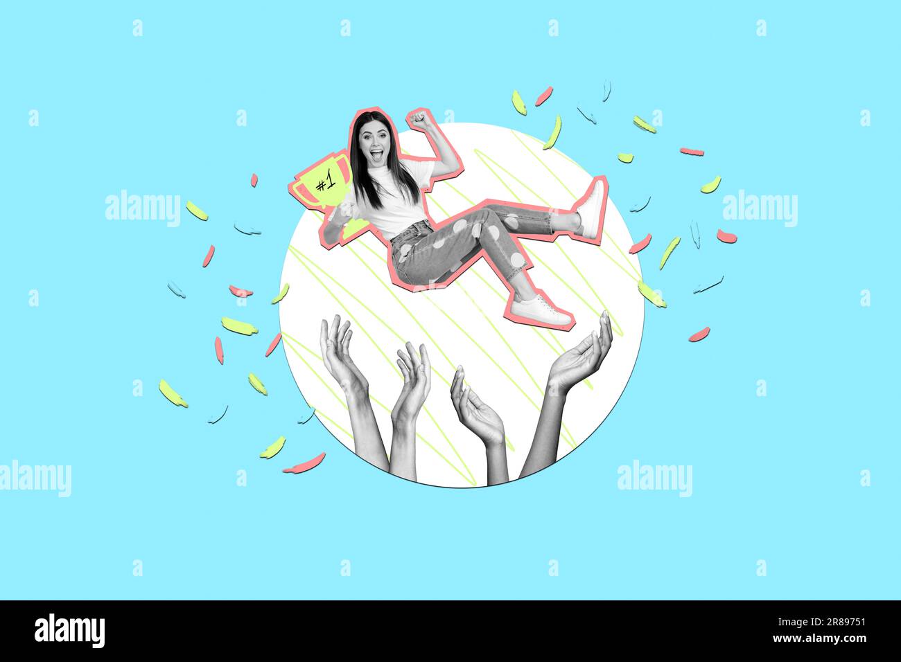 Artwork collage of black white colors people arms throwing air ...