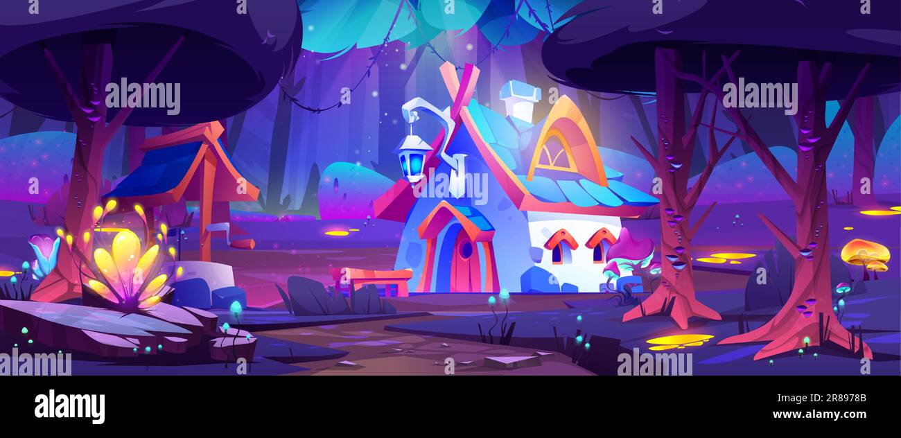 House in magic forest vector cartoon background. Fantasy kid fairytale ...