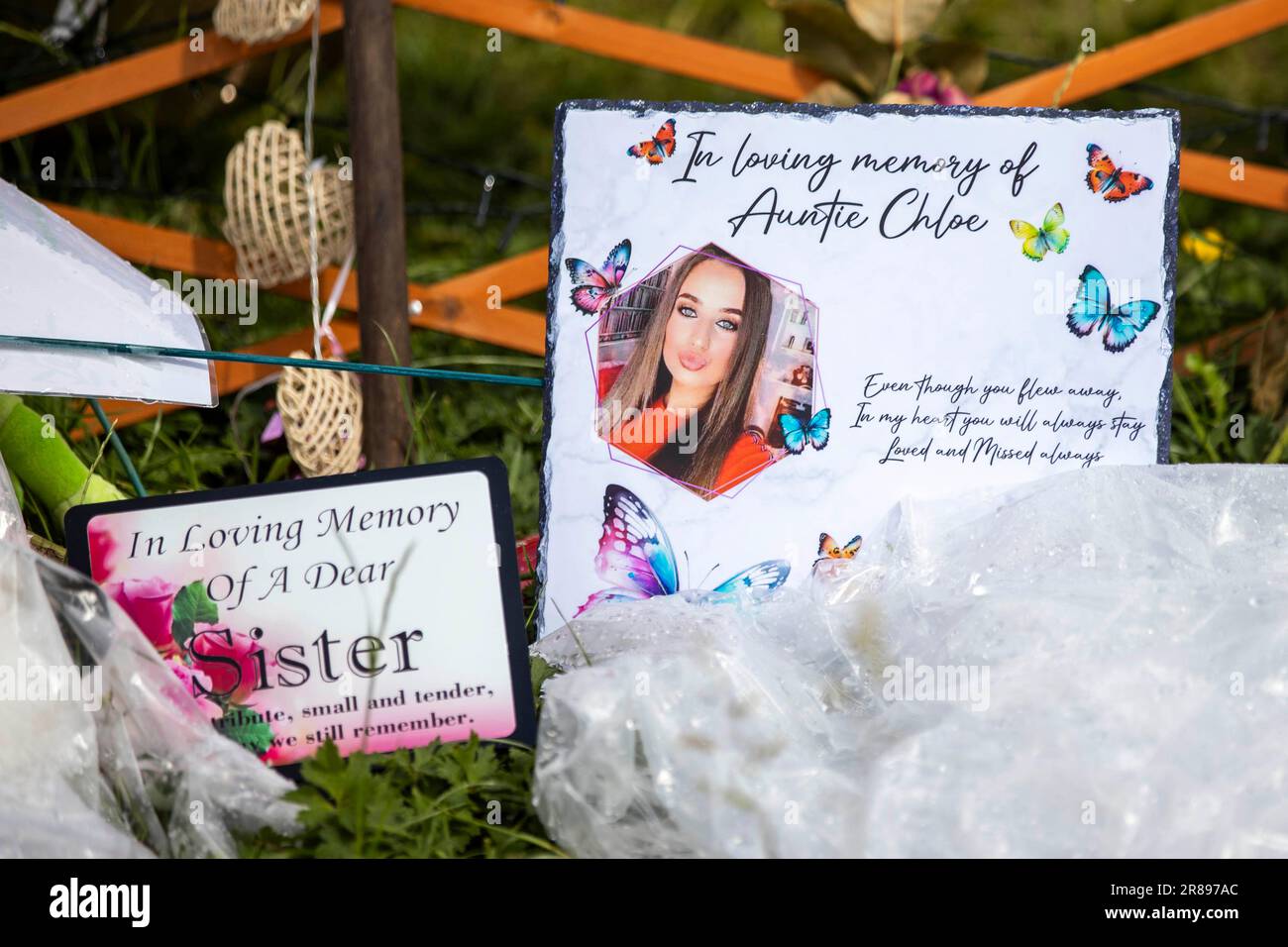 A picture of Chloe Mitchell sits with floral tributes at King George's ...