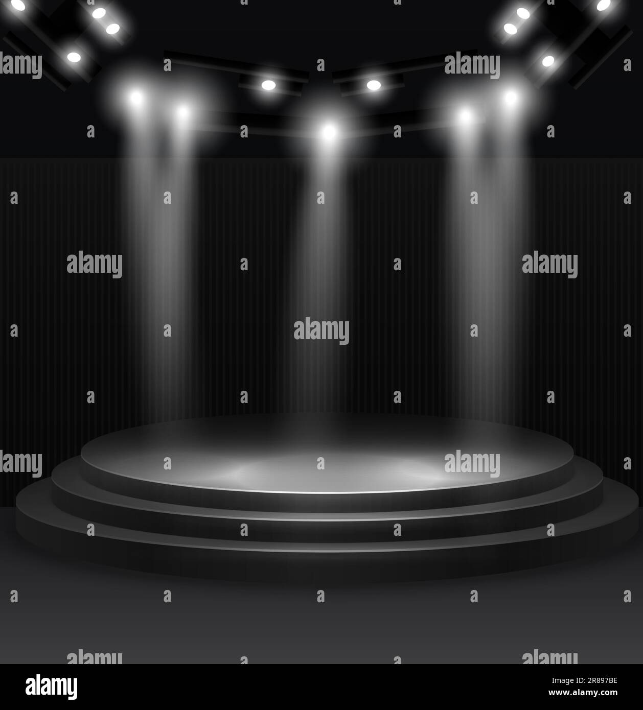 Spotlights With Stage. Scene with lights and beams. Round Podium And ...