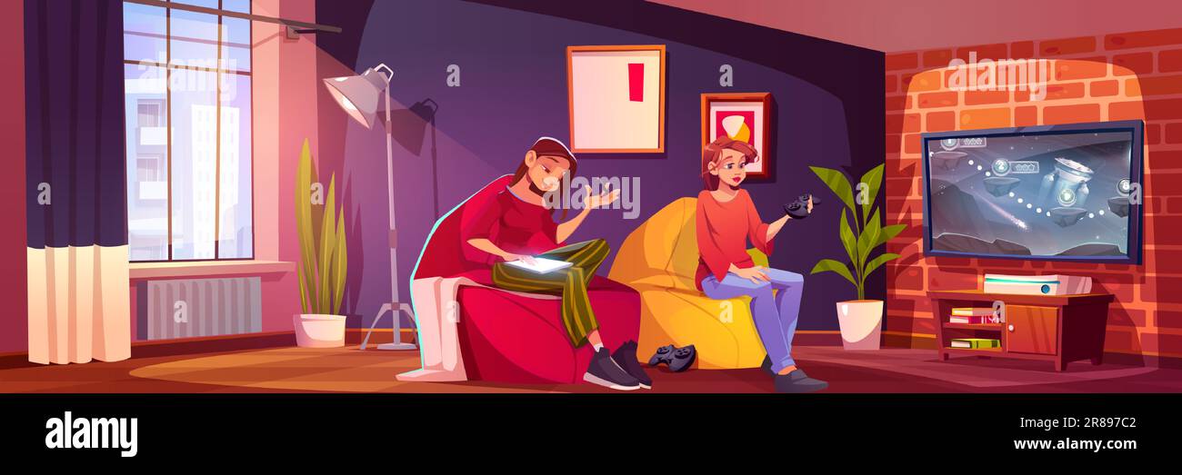 Woman play video game on tv cartoon background. Gamer living room with ...