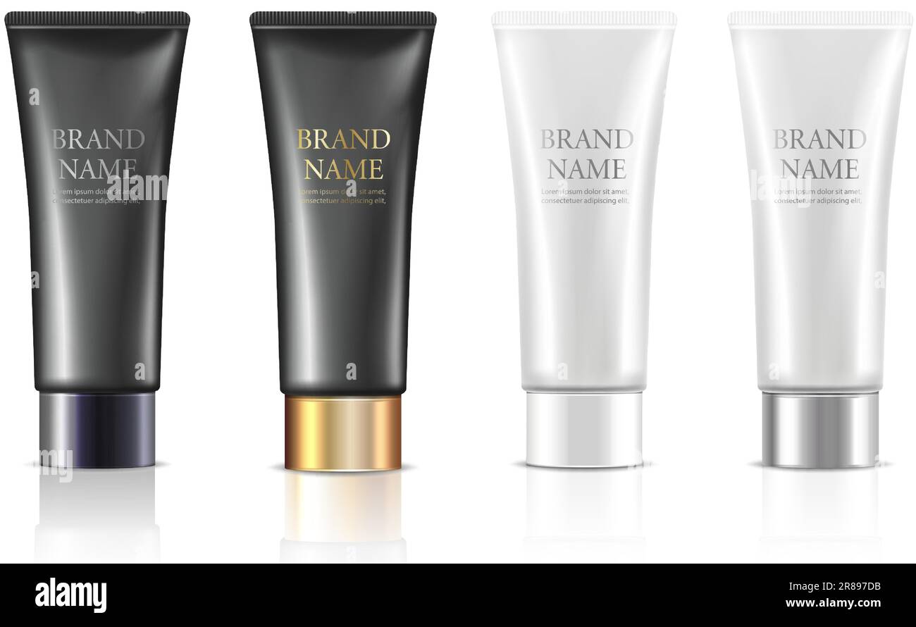 3d realistic vector set of cream bottles in white, black, with silver ...