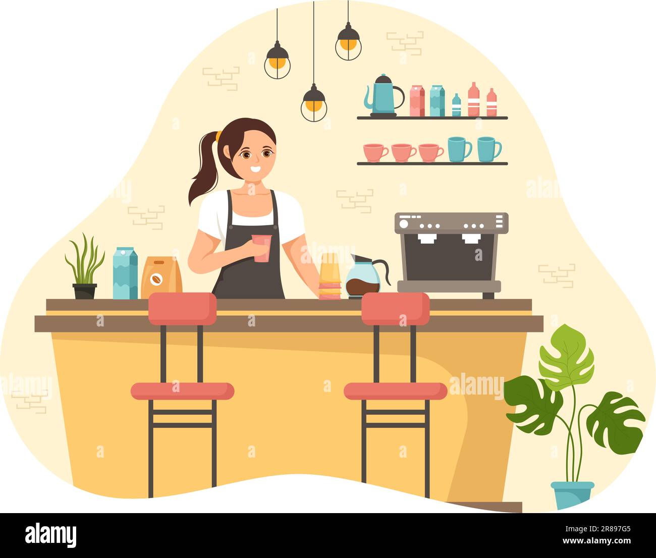 Cafe Vector Illustration of Interior with Bar stand, Table and ...