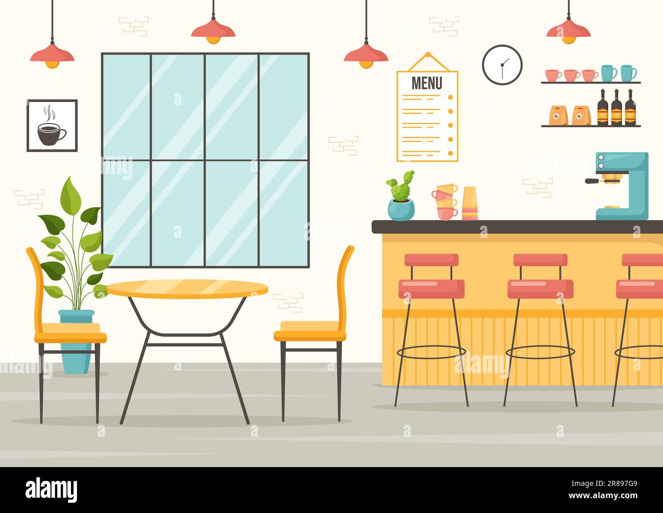 Cafe Vector Illustration of Interior with Bar stand, Table and ...