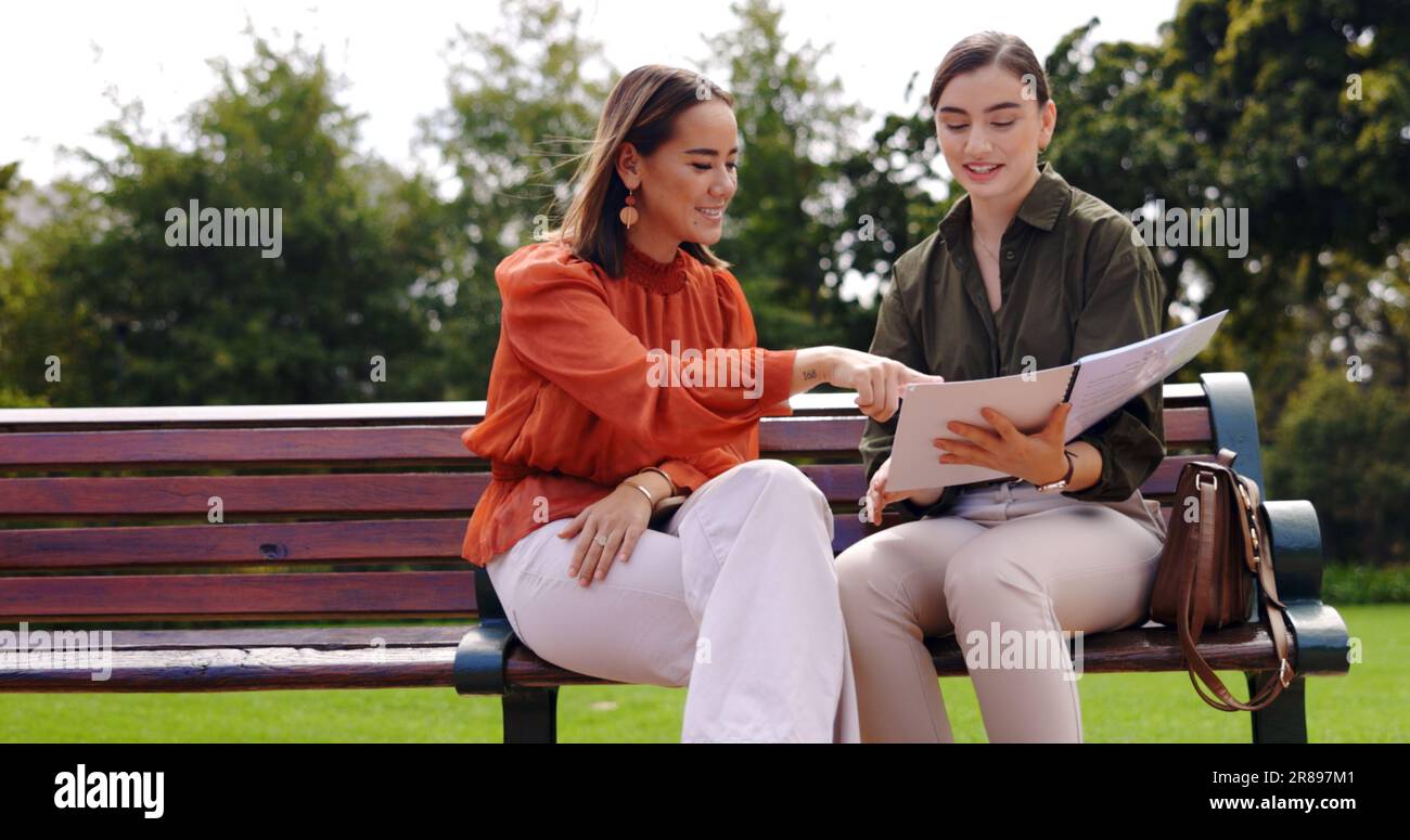 Park, professional women and bench with paperwork and document planning ...
