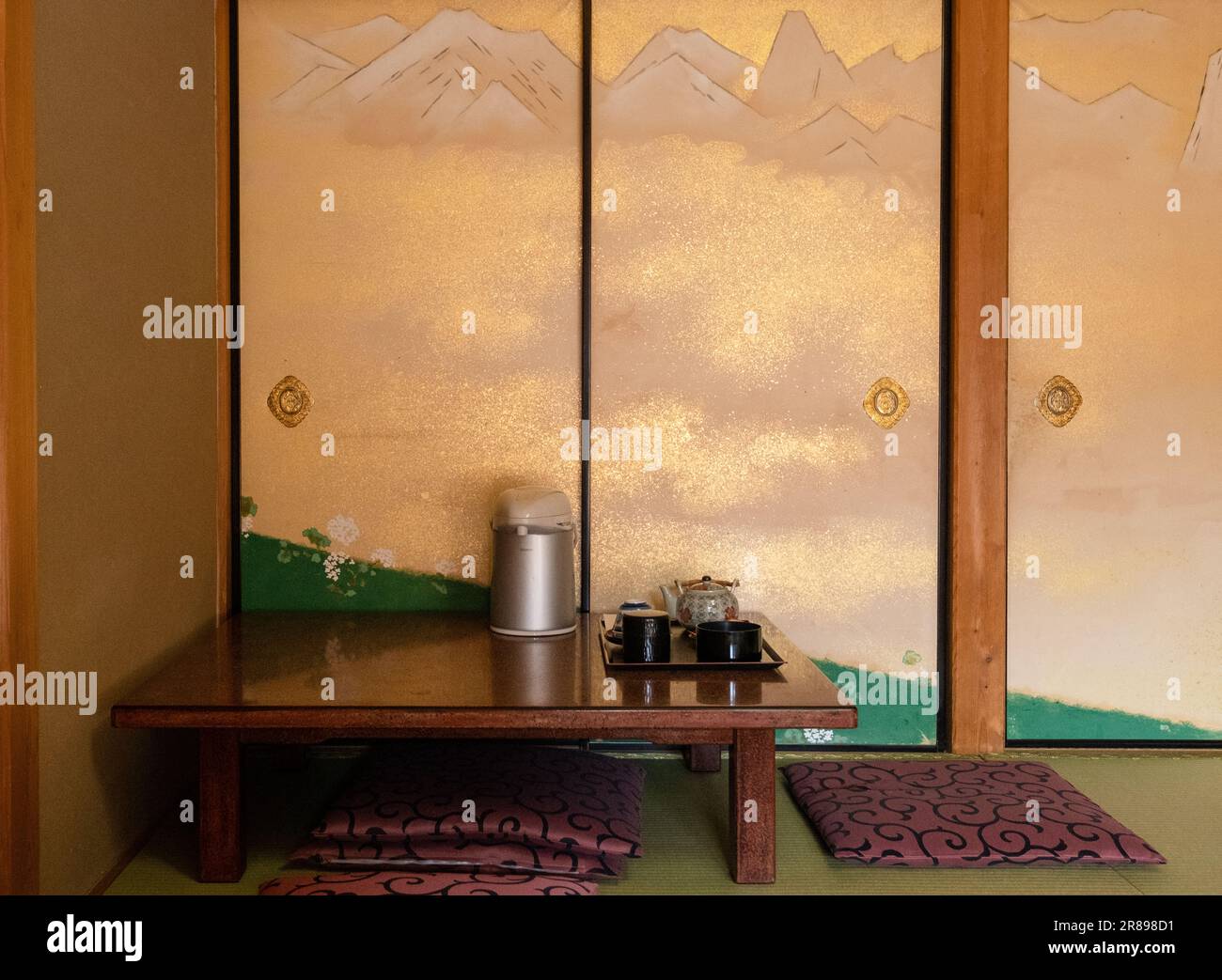 Fusuma painting and tea table in a room in Mitsugonin Temple, Koyasan ...