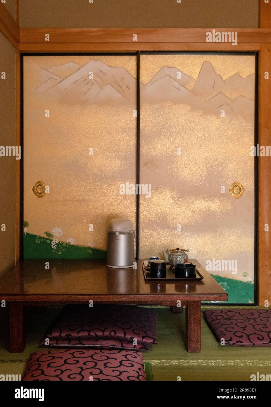 Fusuma painting and tea table in a room in Mitsugonin Temple, Koyasan ...