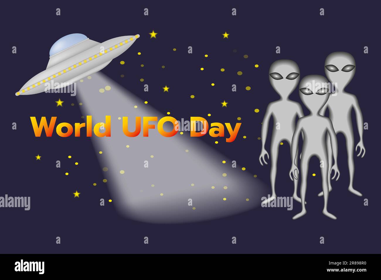 World UFO Day. Alien in space. Vector illustration with flying saucer ...