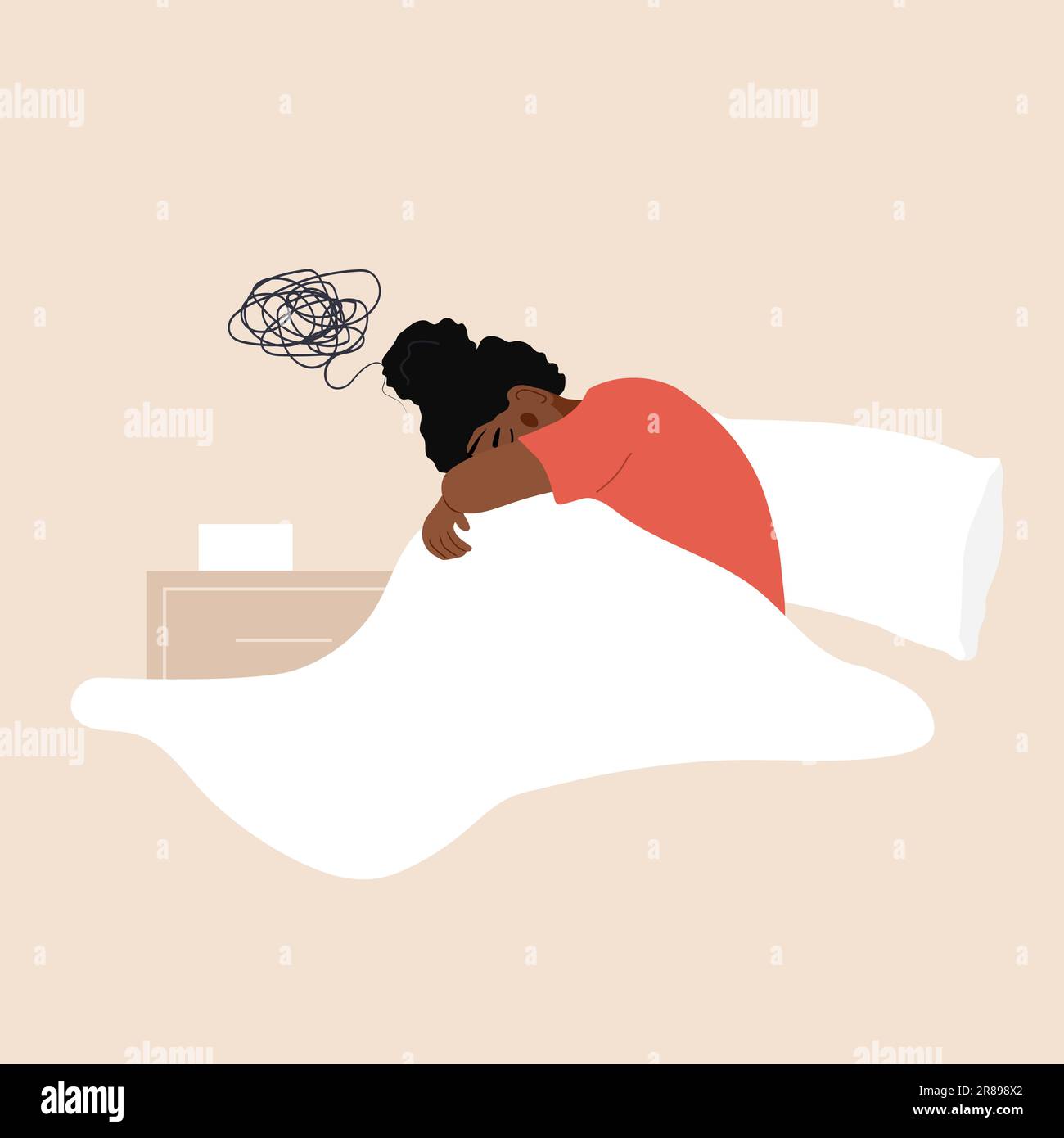 Insomnia concept. Tired african woman having difficulty falling asleep ...