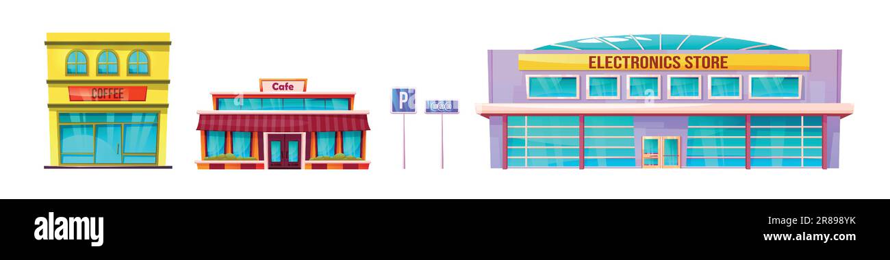 Cartoon set of modern electronics store, cafe buildings isolated on ...
