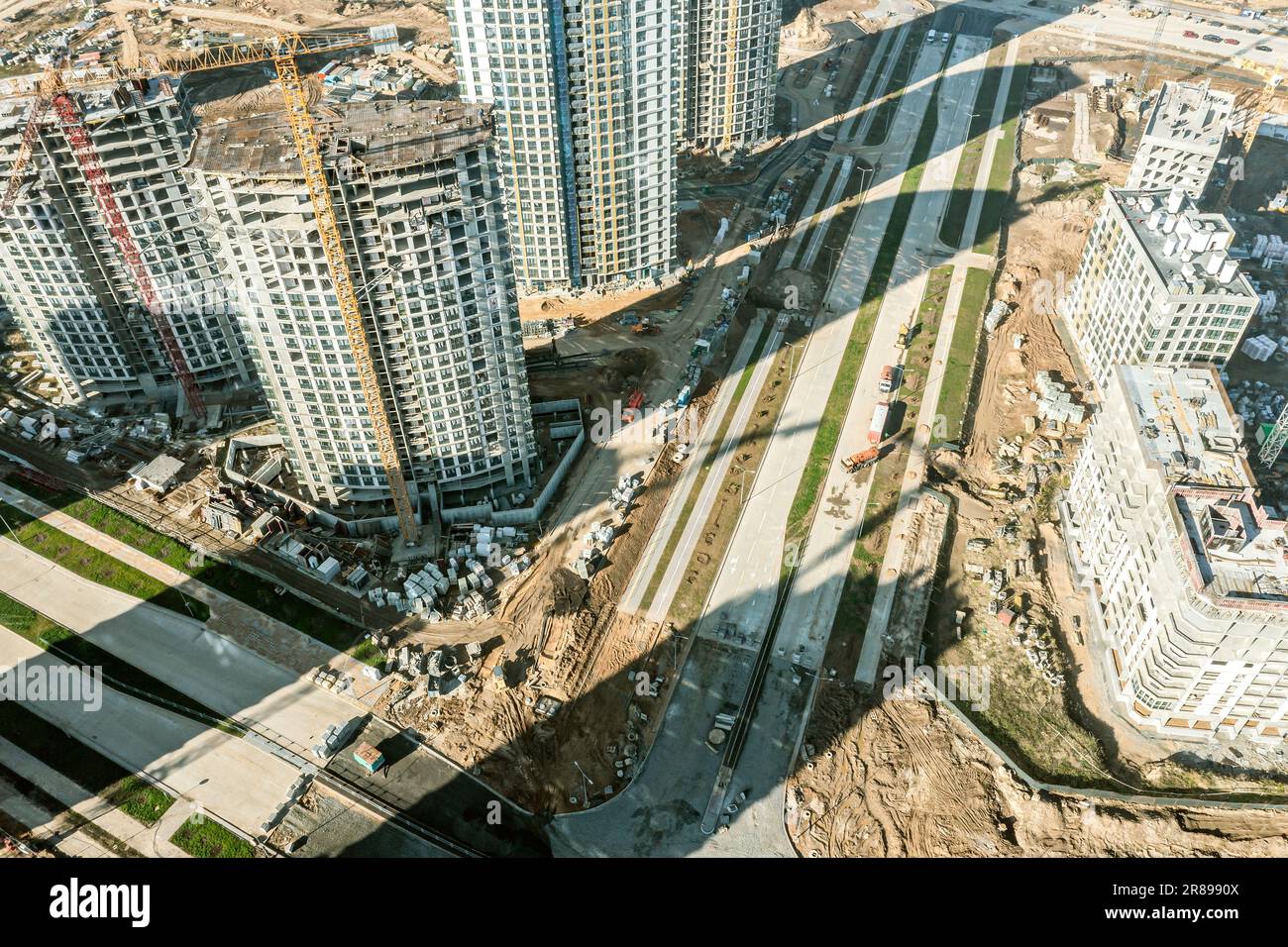 aerial view of construction of high-rise apartment buildings in new ...