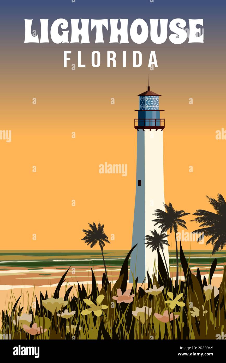 Retro Poster Key West Lighthouse Florida. Palm, coast, ocean vector ...